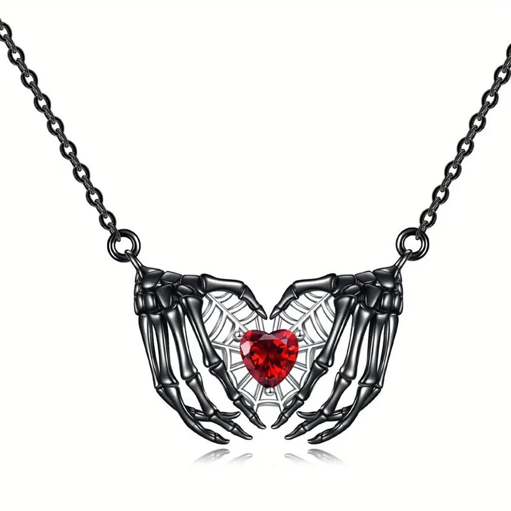 Skeleton Hand Heart Necklace Red and Black Spiderweb Pendant with Jewel ...
