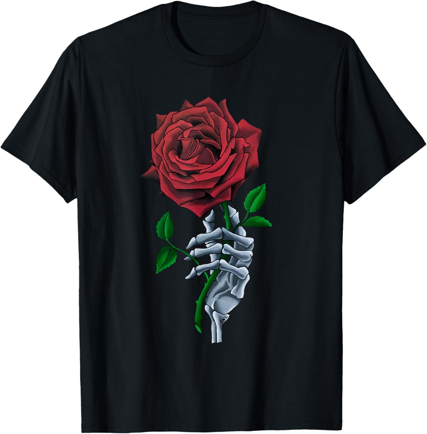 Skeleton Hand Holding Stem Flower Graphic Design Red Rose T-Shirt ...