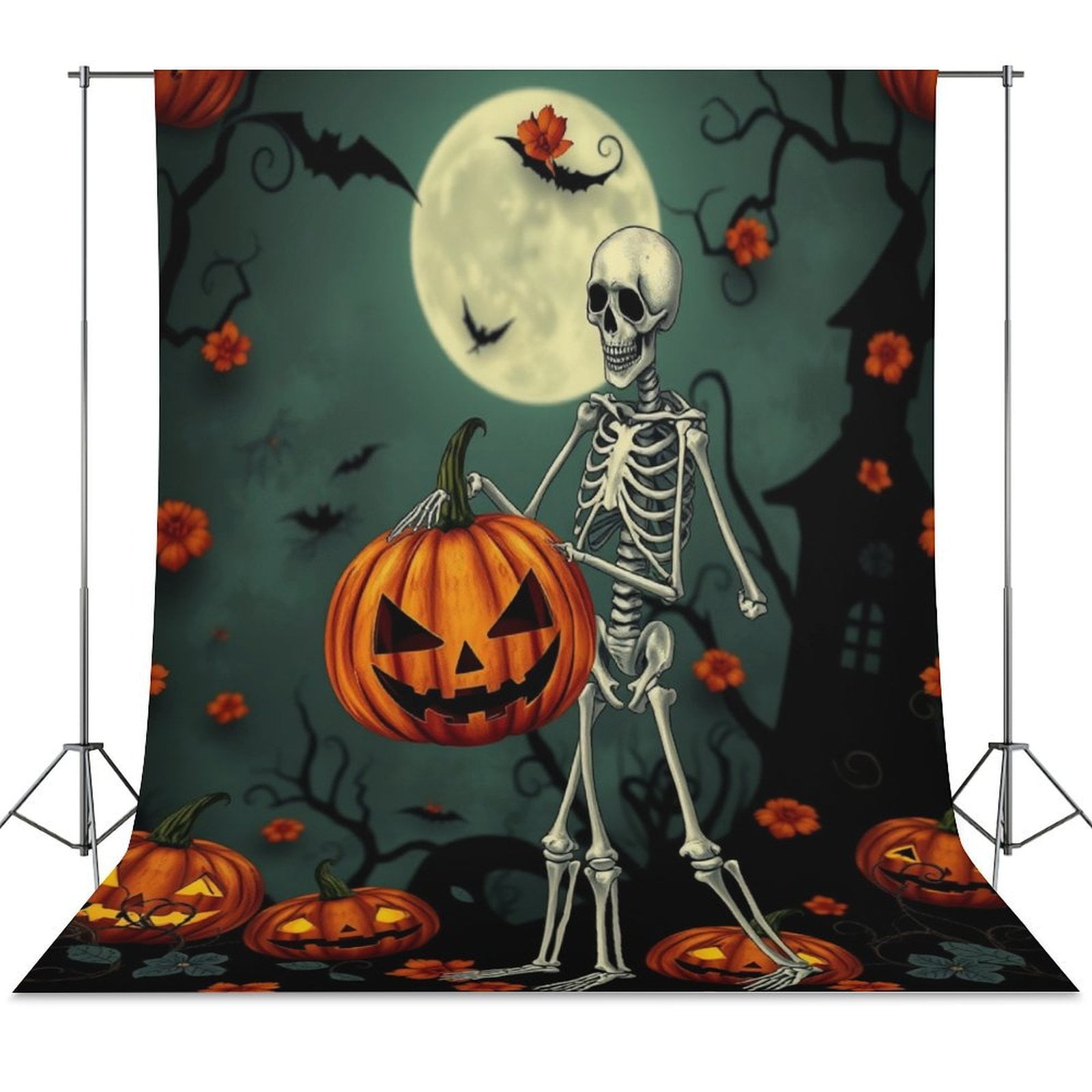 Skeleton Holding Pumpkin Halloween Photography Backdrops Adult ...