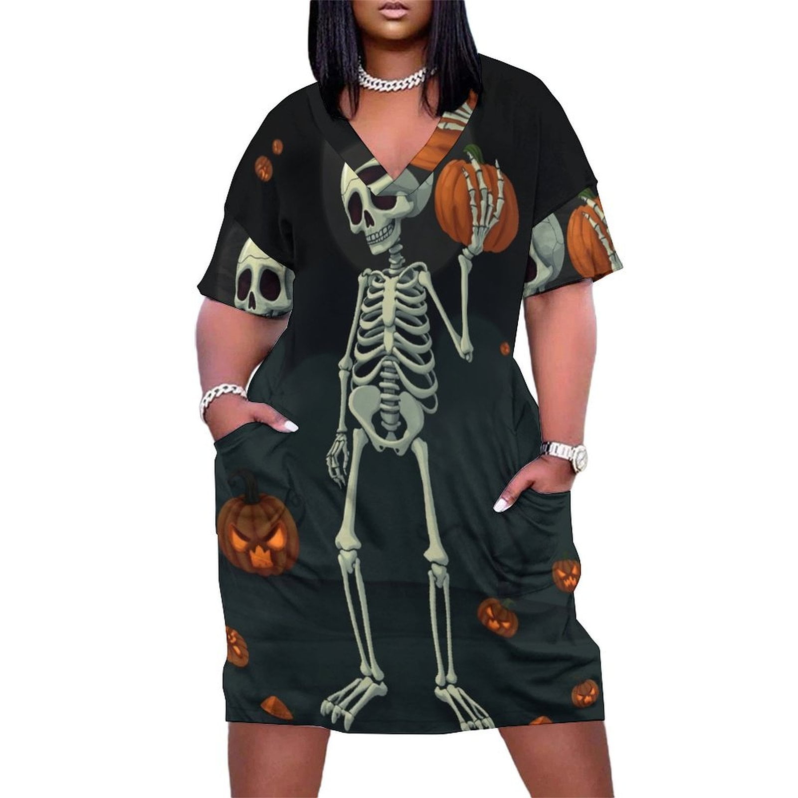 Skeleton Holds Pumpkin Loose Pocket Dress Elegant Women"s Dresses for Wedding Wedding Dresses ...