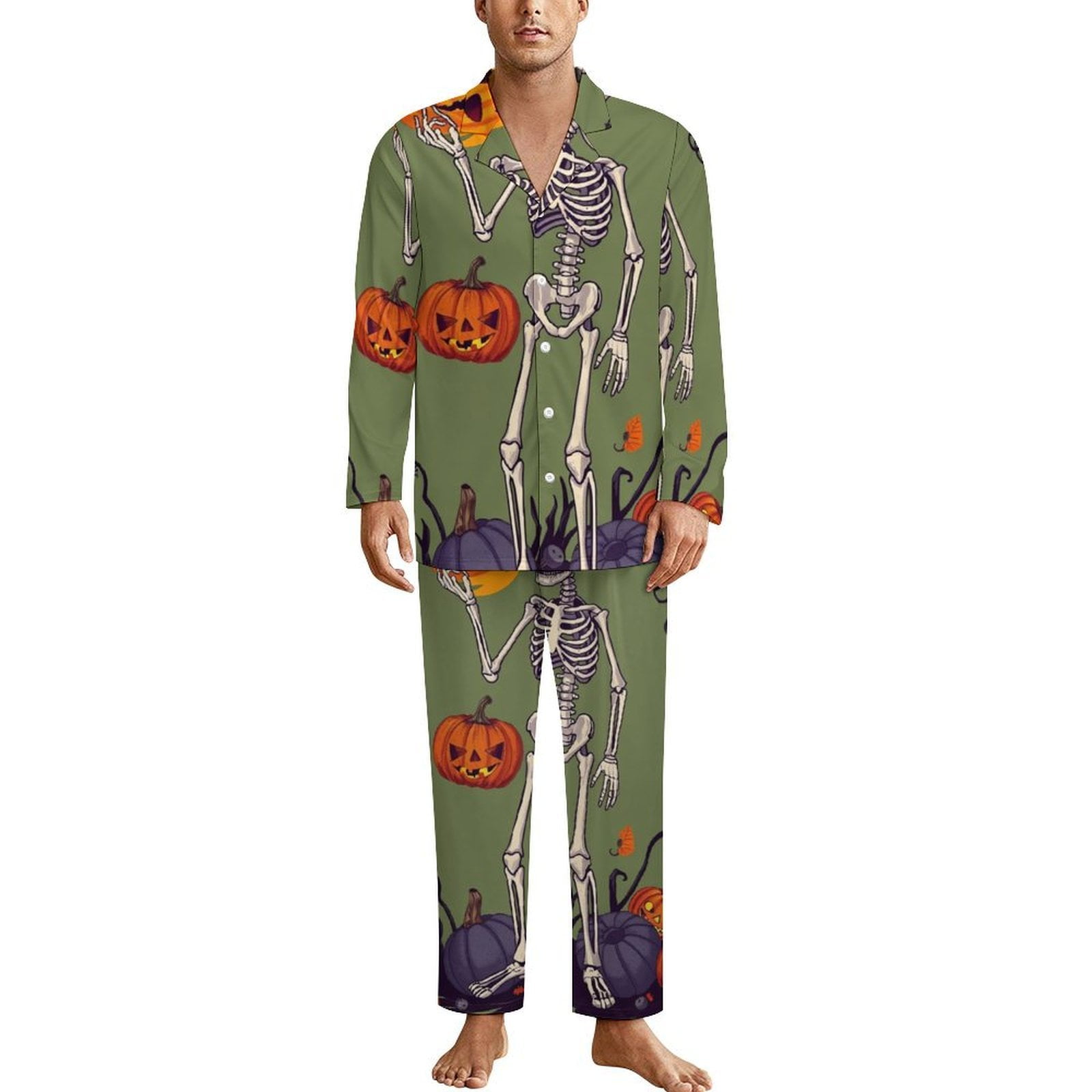 Skeleton Holds Pumpkin Sleepwear Autumn Casual Oversize Pajama Sets Man ...