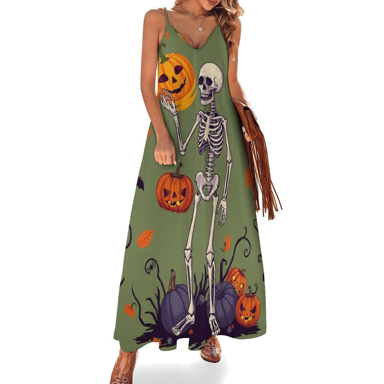 Skeleton Holds Pumpkin Sleeveless Dress Luxury Evening Dresses for ...