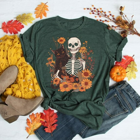 Skeleton Hugging Cat Shirt, Skeleton Wildflowers Shirt, Fall Cat Retro ...