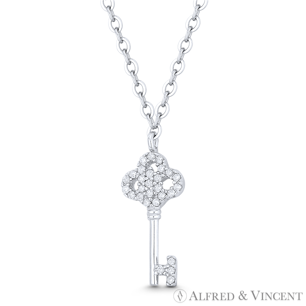 Skeleton Key Charm Trefoil Clover Bow CZ Crystal Pendant & Chain ...