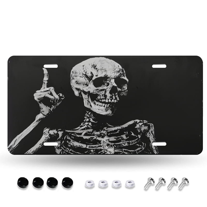 Skeleton Making a Pointing Gesture on a Black Canvas License Plate ...