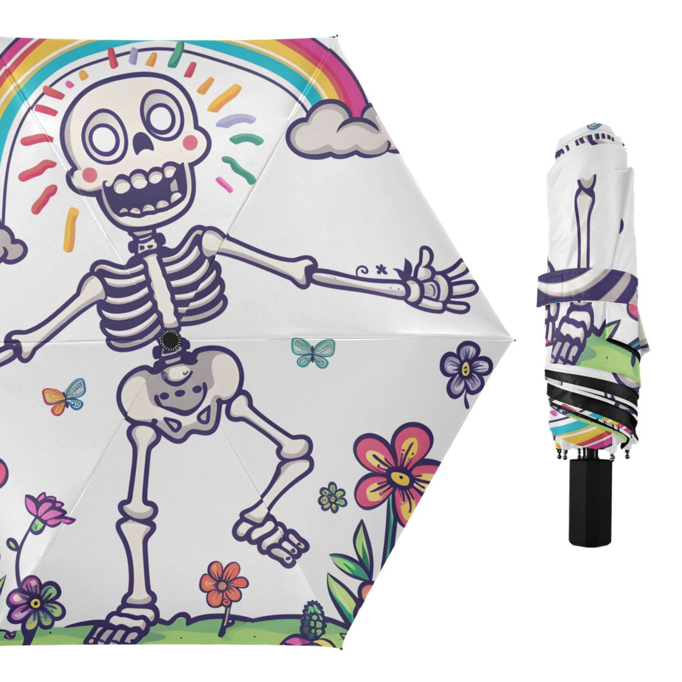 Skeleton Meadow Flowers Clouds Rainbow All Weather Umbrella Triple ...