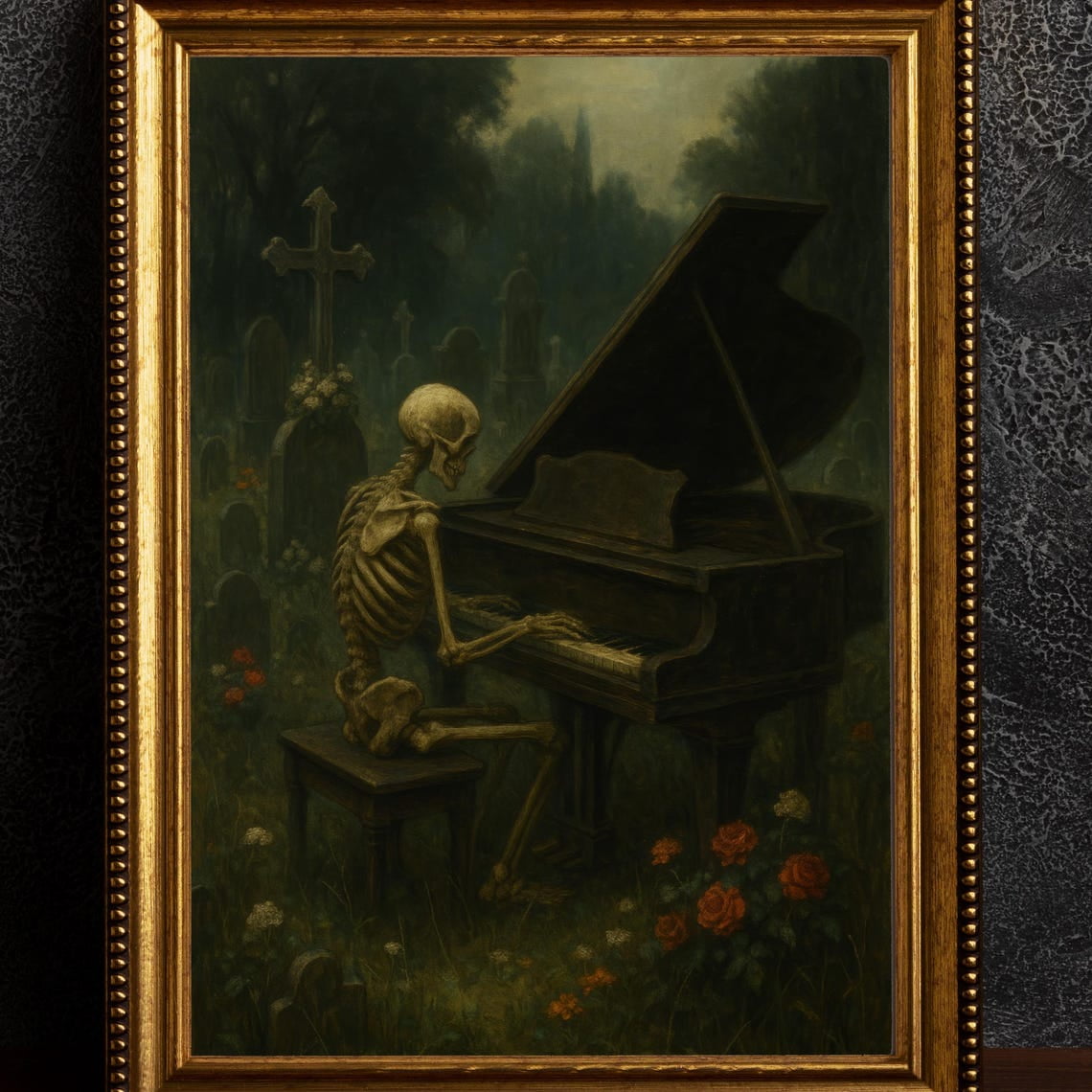 Skeleton Playing Piano, Cemetery Painting, Grave Yard, Portrait Vintage ...