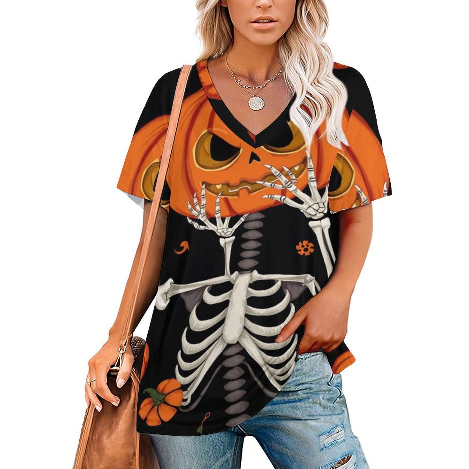 Skeleton Pumpkin Halloween Design V Neck Fashion Oversize T-Shirt Short Sleeve Aesthetic Tee ...
