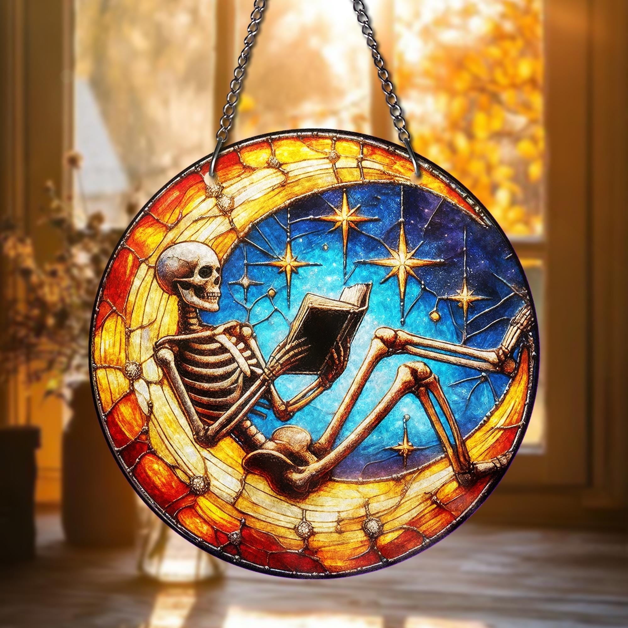 Skeleton Reading on Moon Stained Glass Suncatcher Gothic Celestial ...