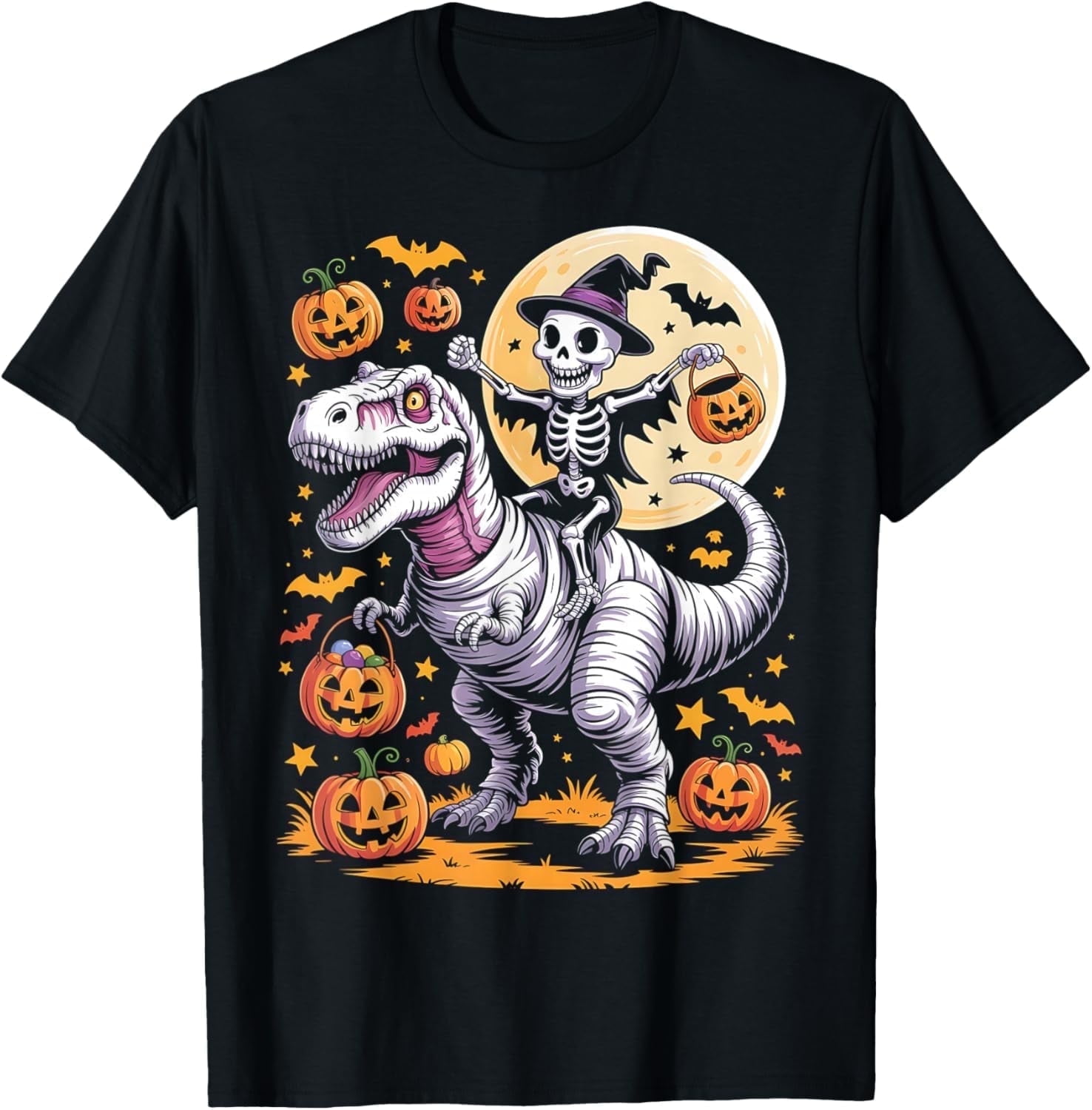 Skeleton Riding Mummy Dinosaur T Rex Kids Boys Men Halloween T-Shirt ...