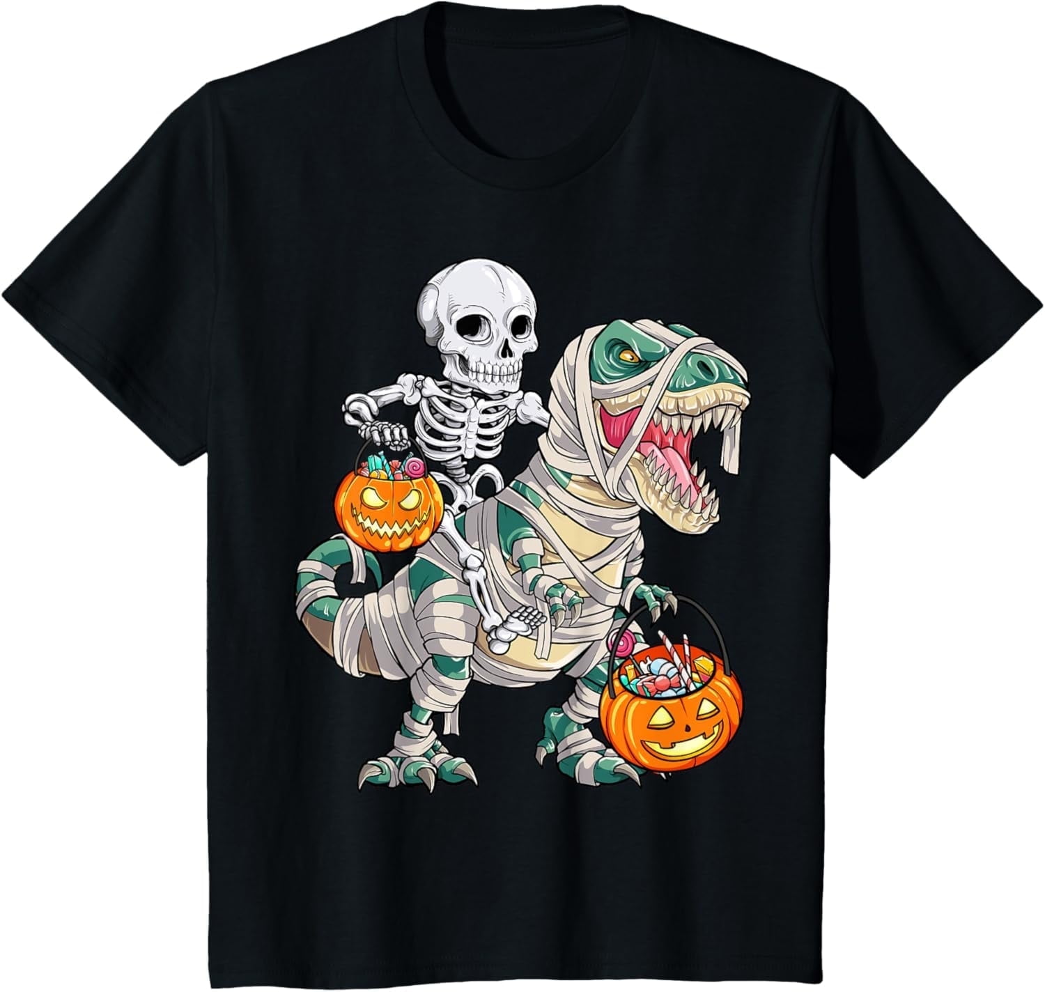 Skeleton Riding Mummy Dinosaur T rex Halloween Funny Pumpkin T-Shirt ...