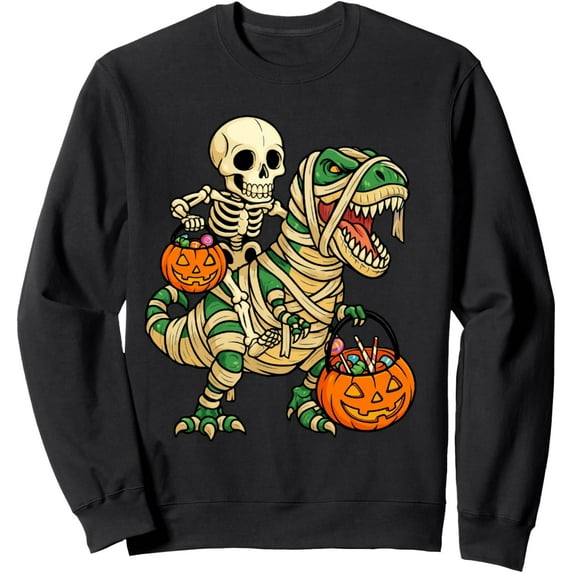 Skeleton Riding Mummy Dinosaur T rex Pumpkin Funny Halloween Sweatshirt ...