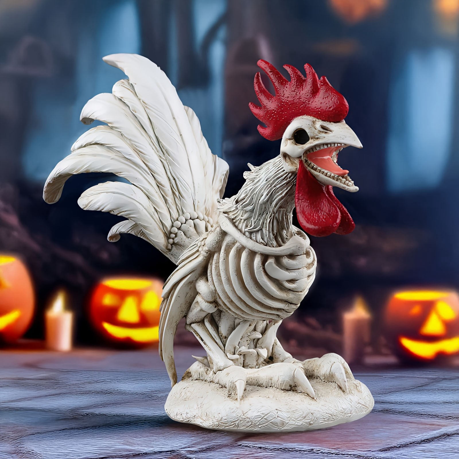 Skeleton Rooster Figurine – Unique Gothic Chicken Statue for Home Decor, Halloween, Office Desk ...