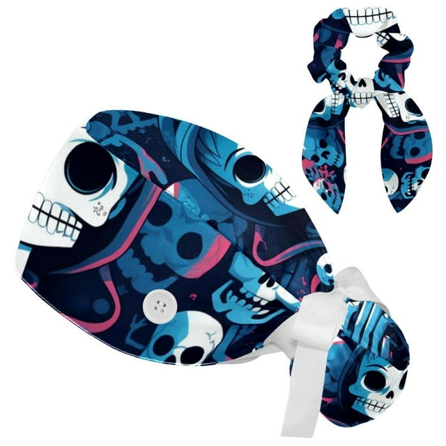 Skeleton Scrub Cap with Scrunchy and Buttons for Long Hair, Adjustable ...