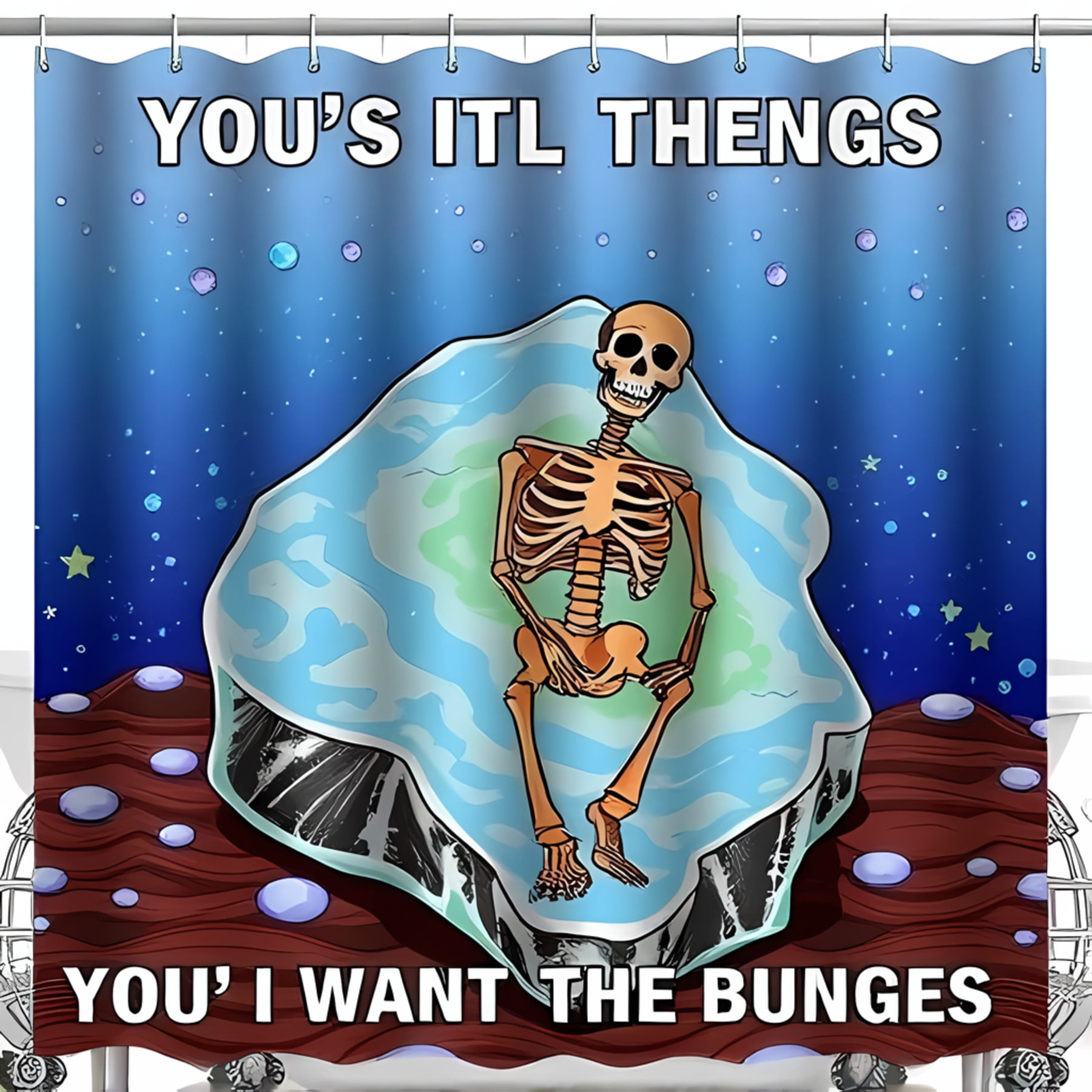 Skeleton Shower Curtain - Cartoon Skeleton in Background with Text ...