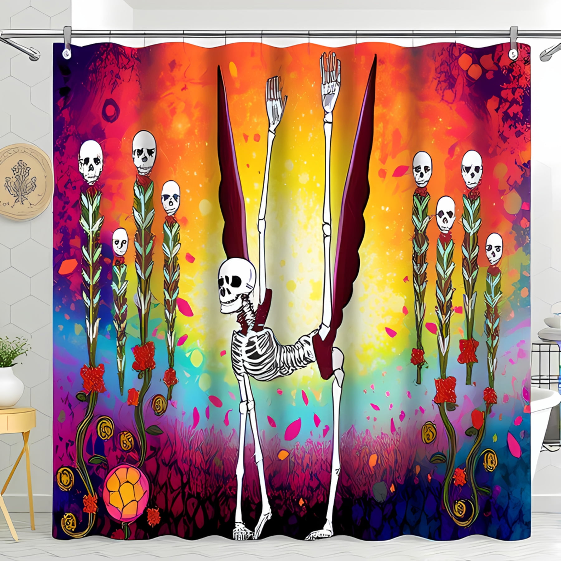 Skeleton Shower Curtain with Wings - Vibrant Floral Design Colorful ...