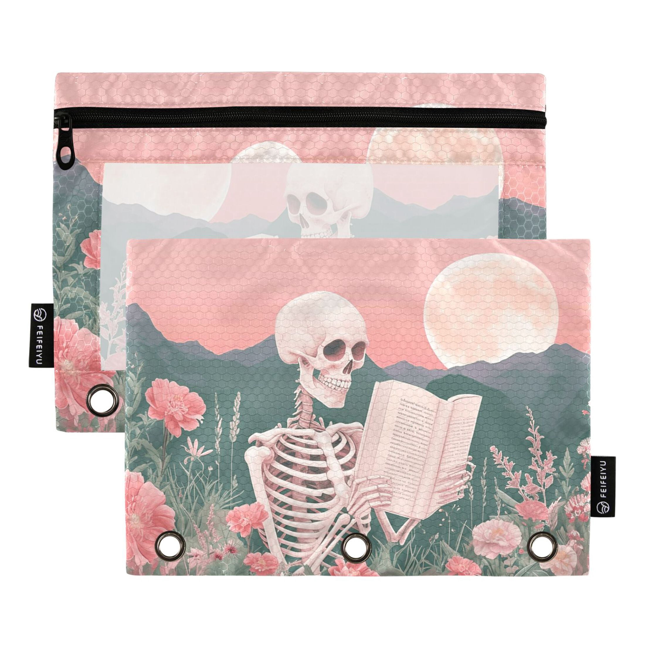 Skeleton Skull Read Book 2 Pack Pencil Pouch for 3 Ring Binder Smooth ...