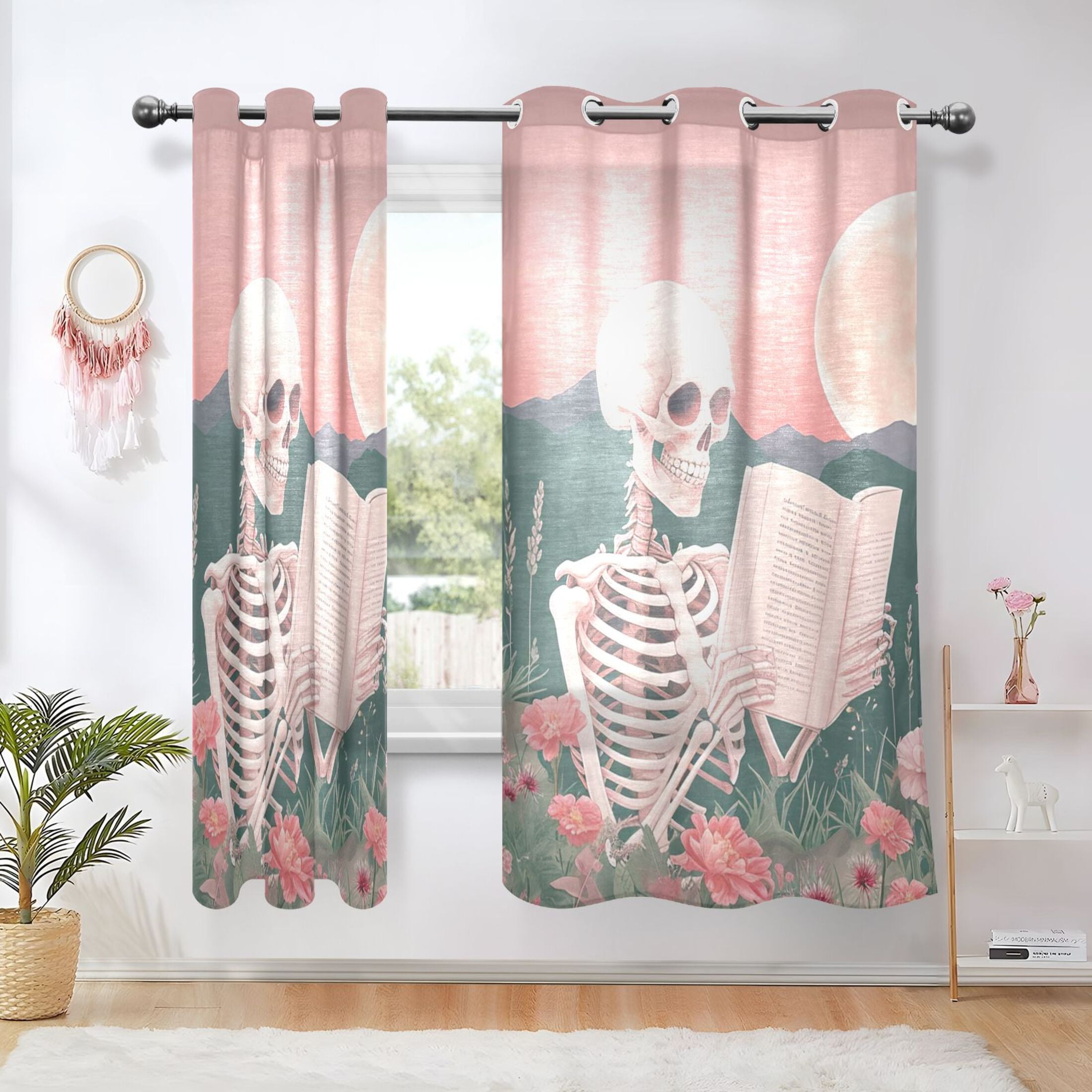 Skeleton Skull Read Book Sheer Curtains 2 Panels Set Grommet Drapes for ...