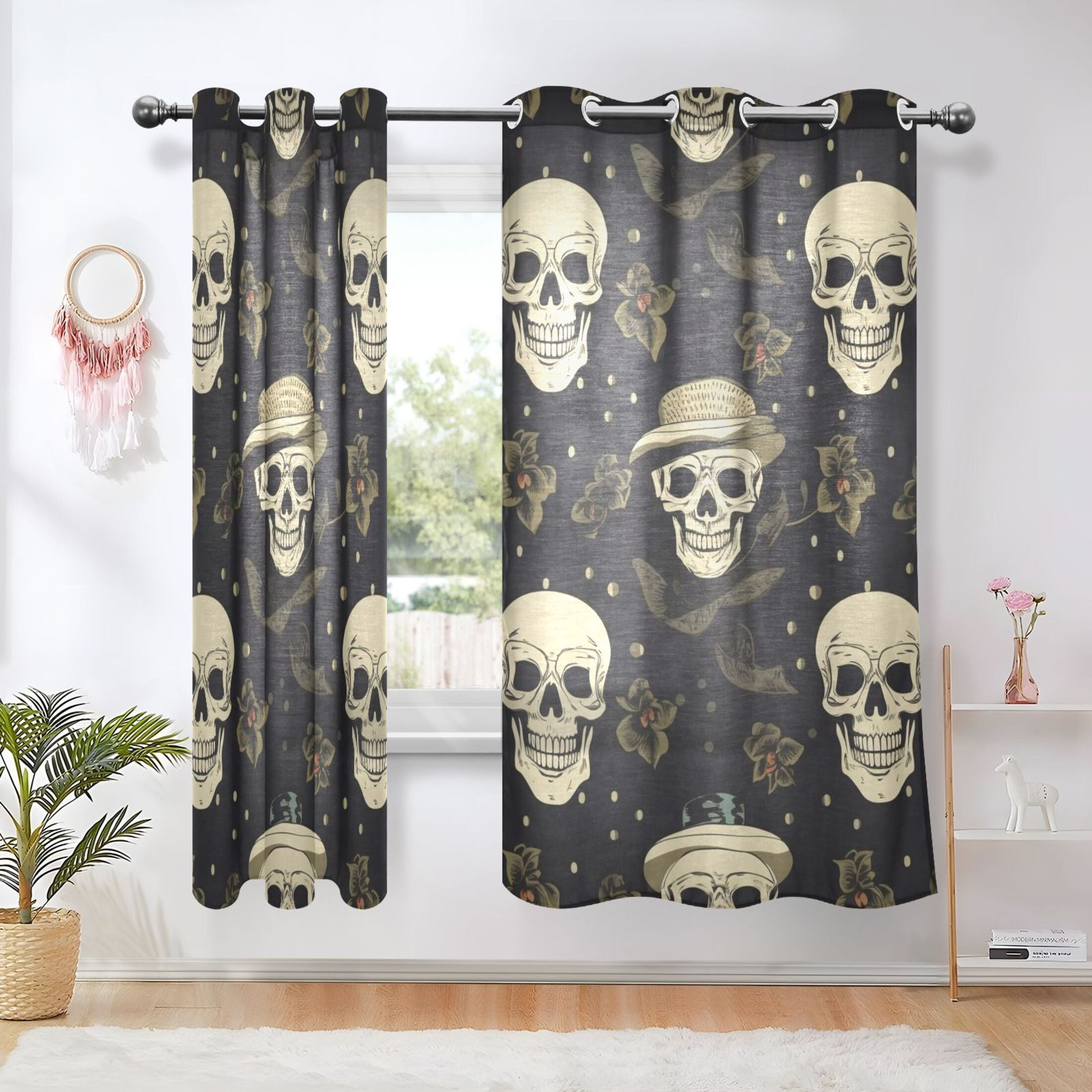 Skeleton Skull Semi Sheer Curtains 2 Panels Faux Linen Voile Sheer ...