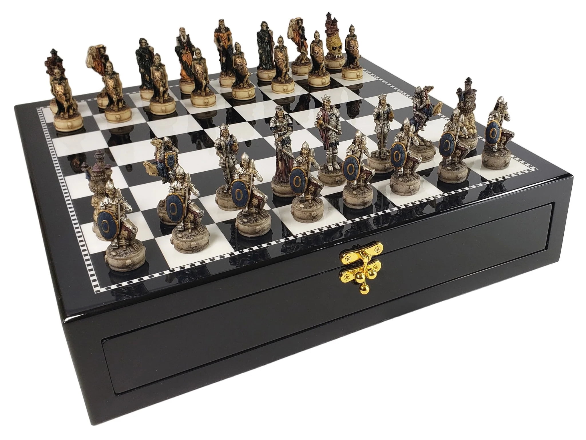 Skeleton Slayer Gothic Fantasy Skull Chess Set 17 Black White Storage ...