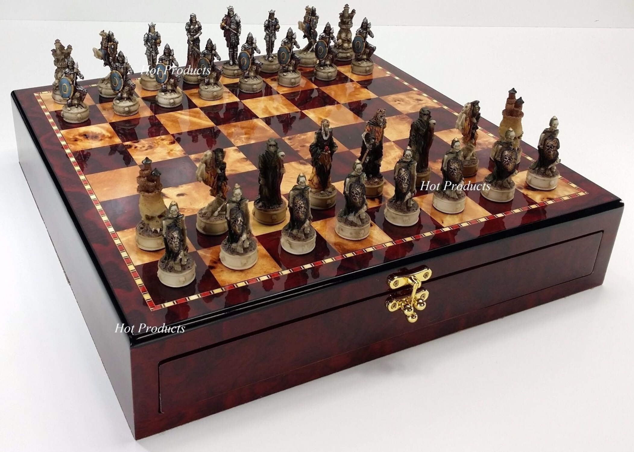 Skeleton Slayer Gothic Fantasy Skull Chess Set W 17" Cherry Color ...