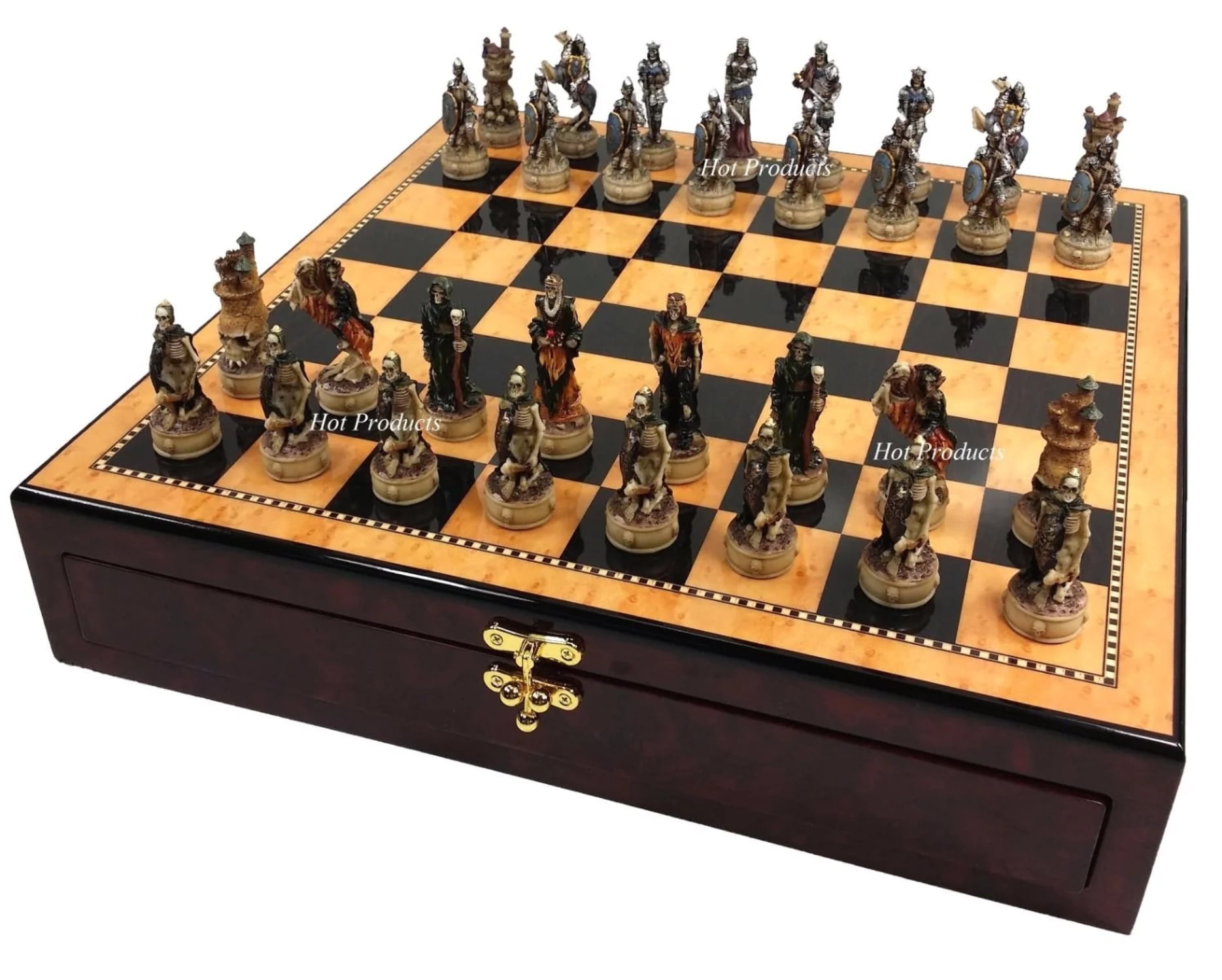 Skeleton Slayer Gothic Fantasy Skull Chess Set Walnut Color 17" Storage ...