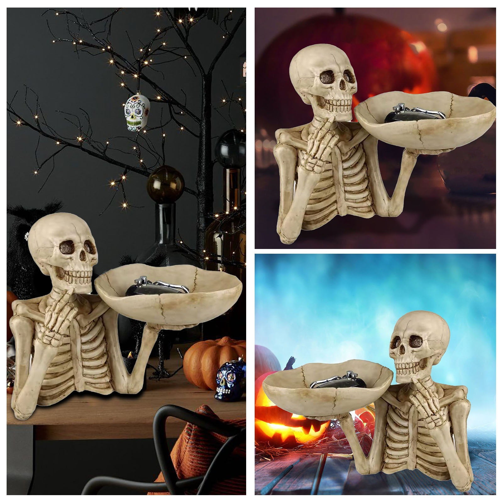 Skeleton Snack Tray Halloween Serving Platter Skull Shaped Resin Bowl ...