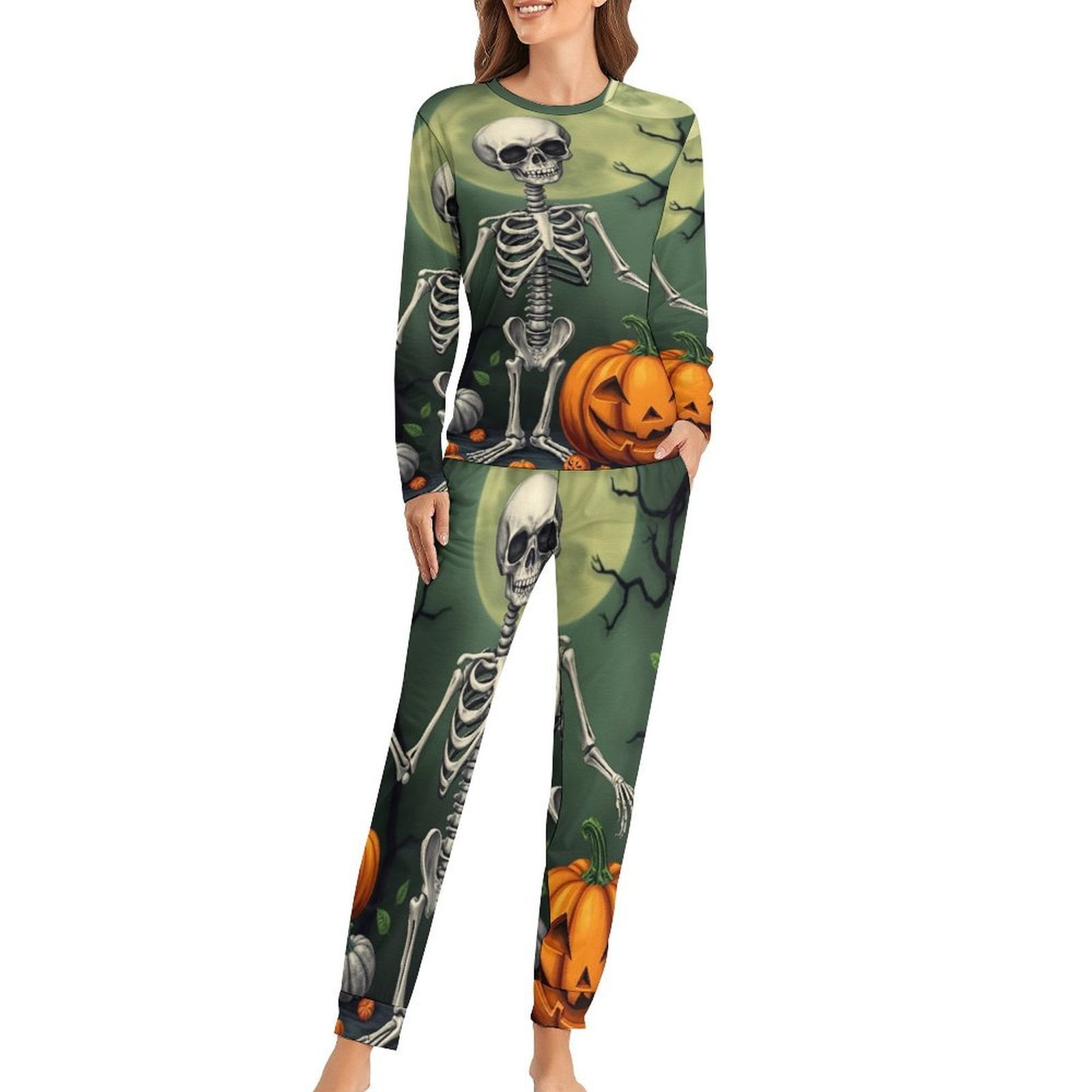 Skeleton Spooky Pumpkins Pajamas Woman Two Piece Design Long Sleeves ...
