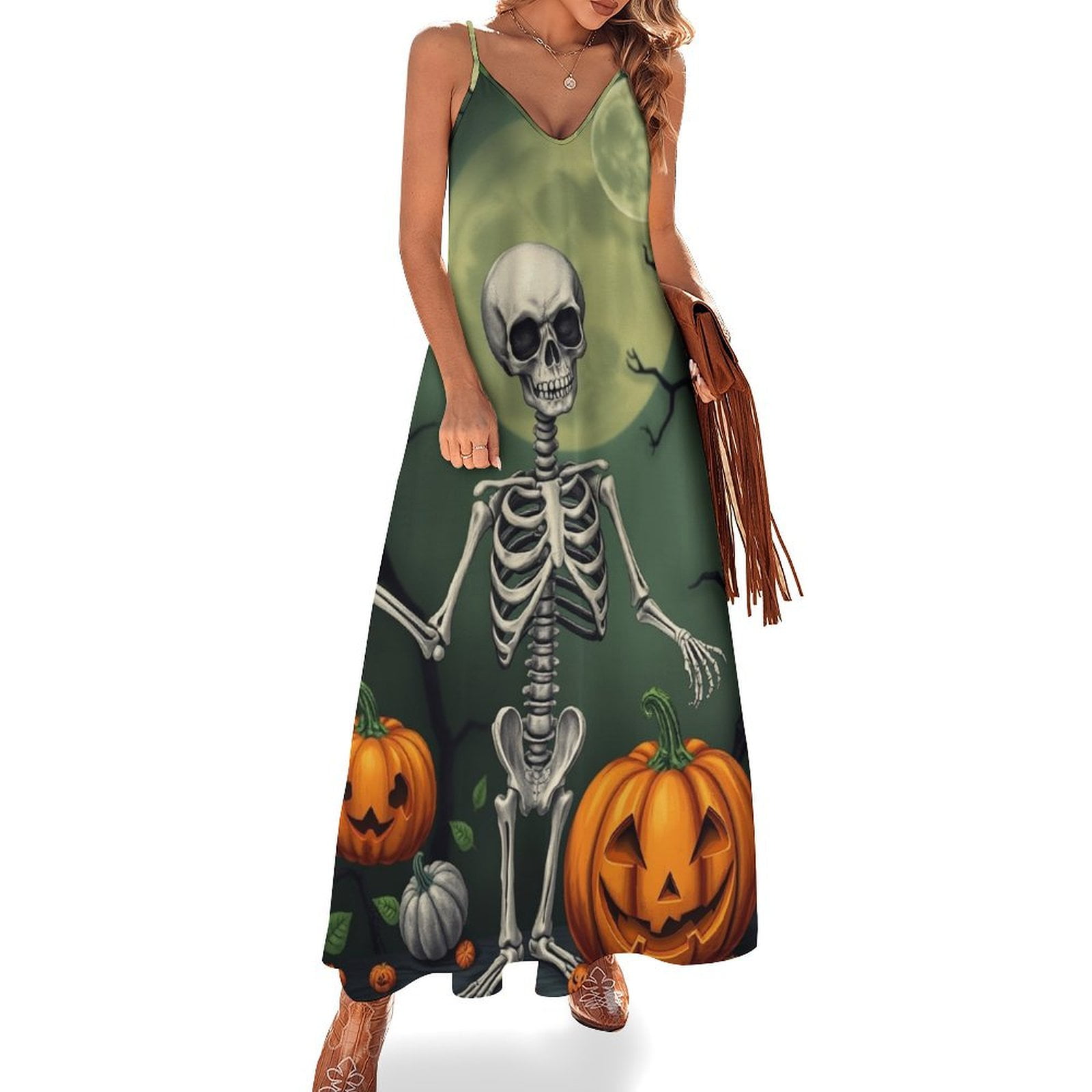 Skeleton Spooky Pumpkins Sleeveless Dress Dresses for Women 2025 Luxury Designer Party Evening ...