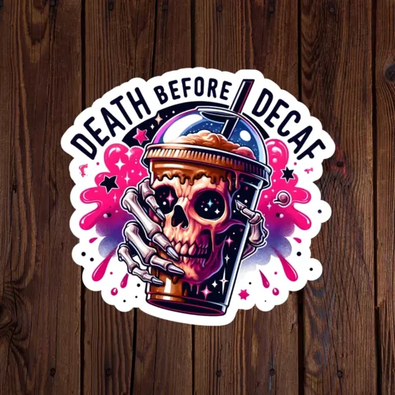 Skeleton Sticker Death Before Decaf Coffee Pink Sticker Phone Decal ...
