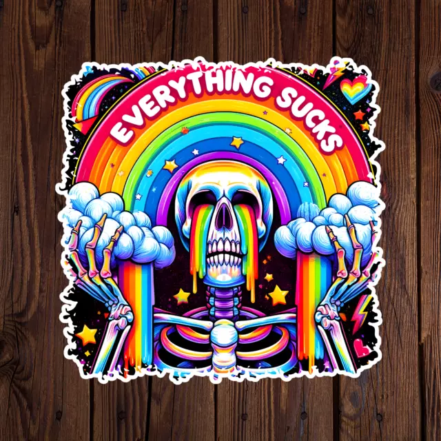 Skeleton Sticker Everything Sucks Rainbow Clouds Sad Laptop Sticker ...