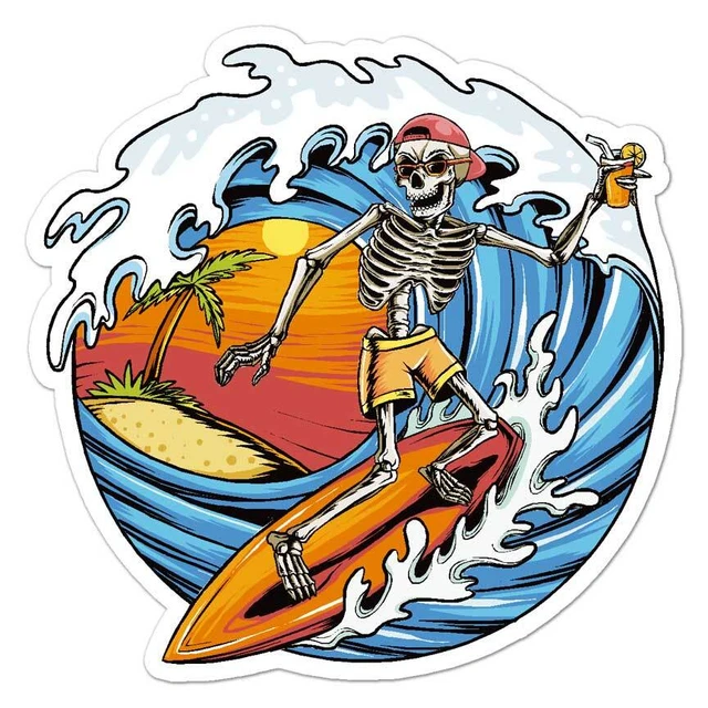 Skeleton Surfer Cocktail Sticker Indoor Outdoor Phone Decal Water ...