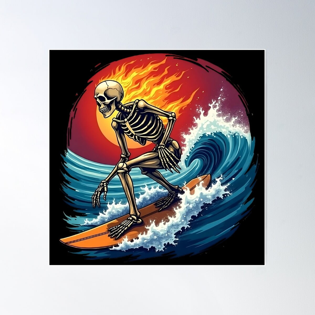 Skeleton Surfer On Fiery Waves Poster Wall Art, Modern Wall Decor For ...