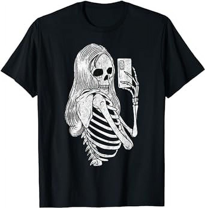 Skeleton Taking Selfie Woman Skull Mirror Photo Phone Camera T-Shirt ...