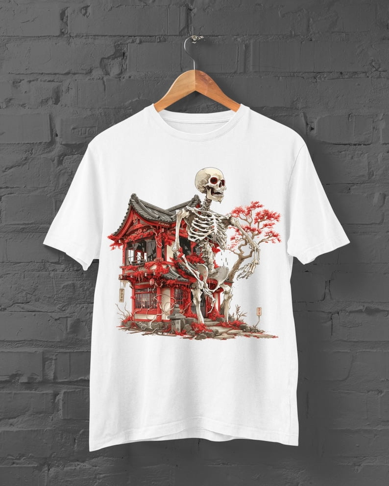 Skeleton Temple T-Shirt Japanese Shrine Kanji Anime Harajuku Streetwear ...