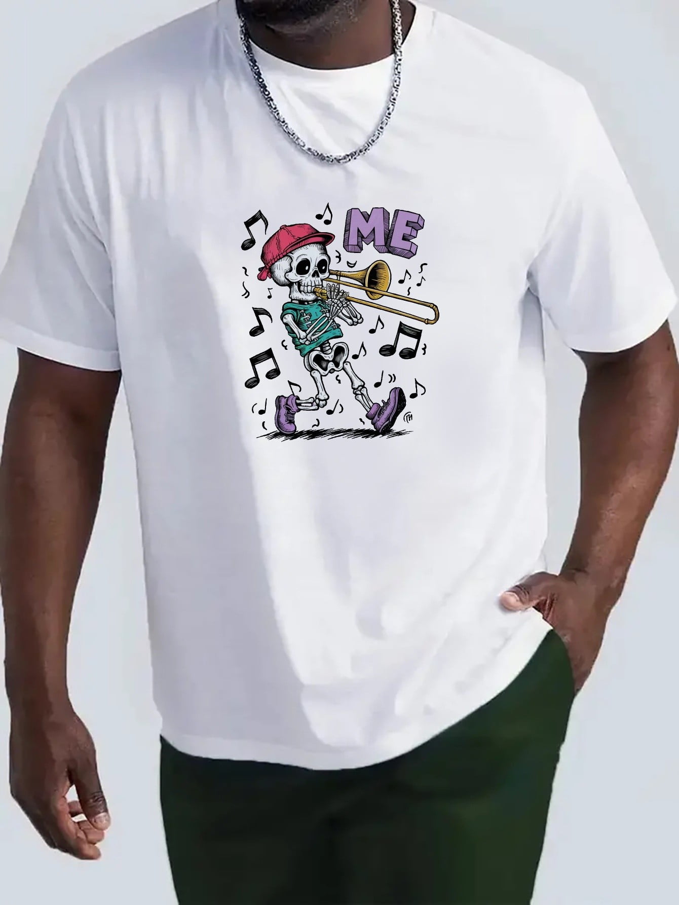 [Skeleton Trombone Print Tee] Casual Short Sleeve Skeleton Trombone ...
