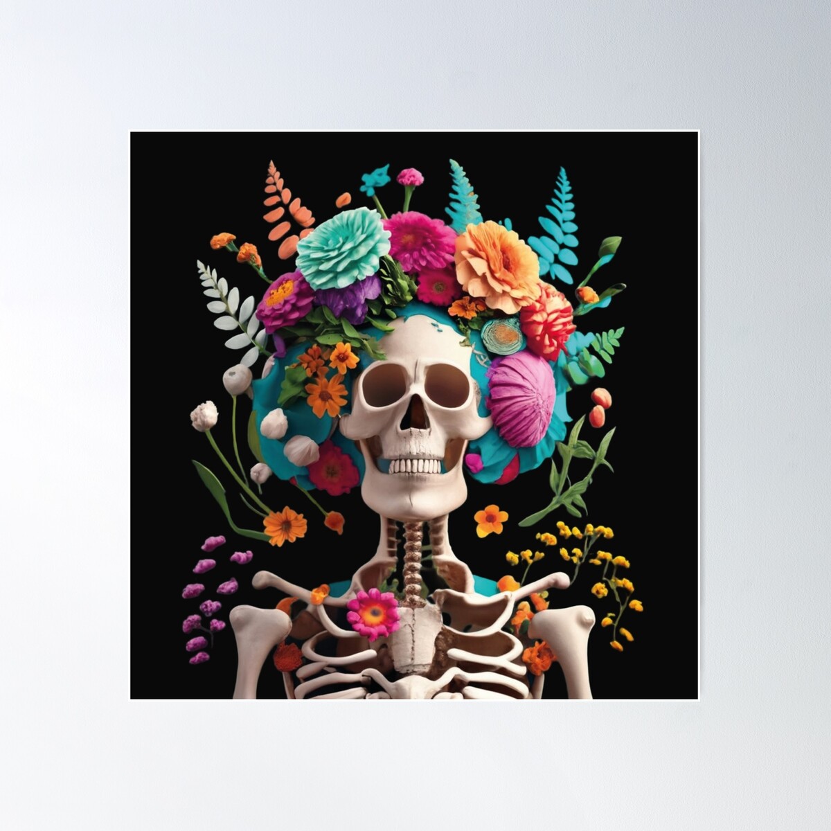 Skeleton With Floral Wreath Poster Wall Art, Modern Wall Decor For ...