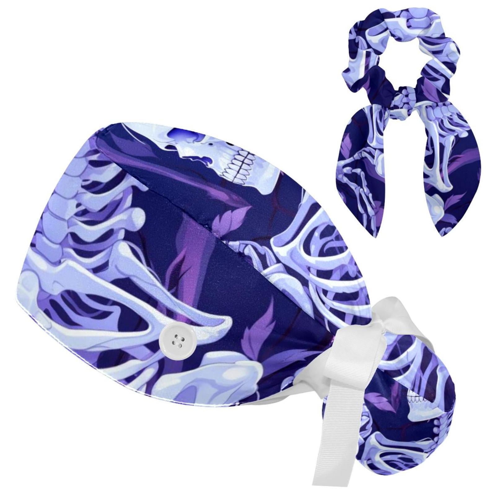 Skeleton Women Surgical Cap with Buttons, Long Hair Scrub Hat with Bow ...