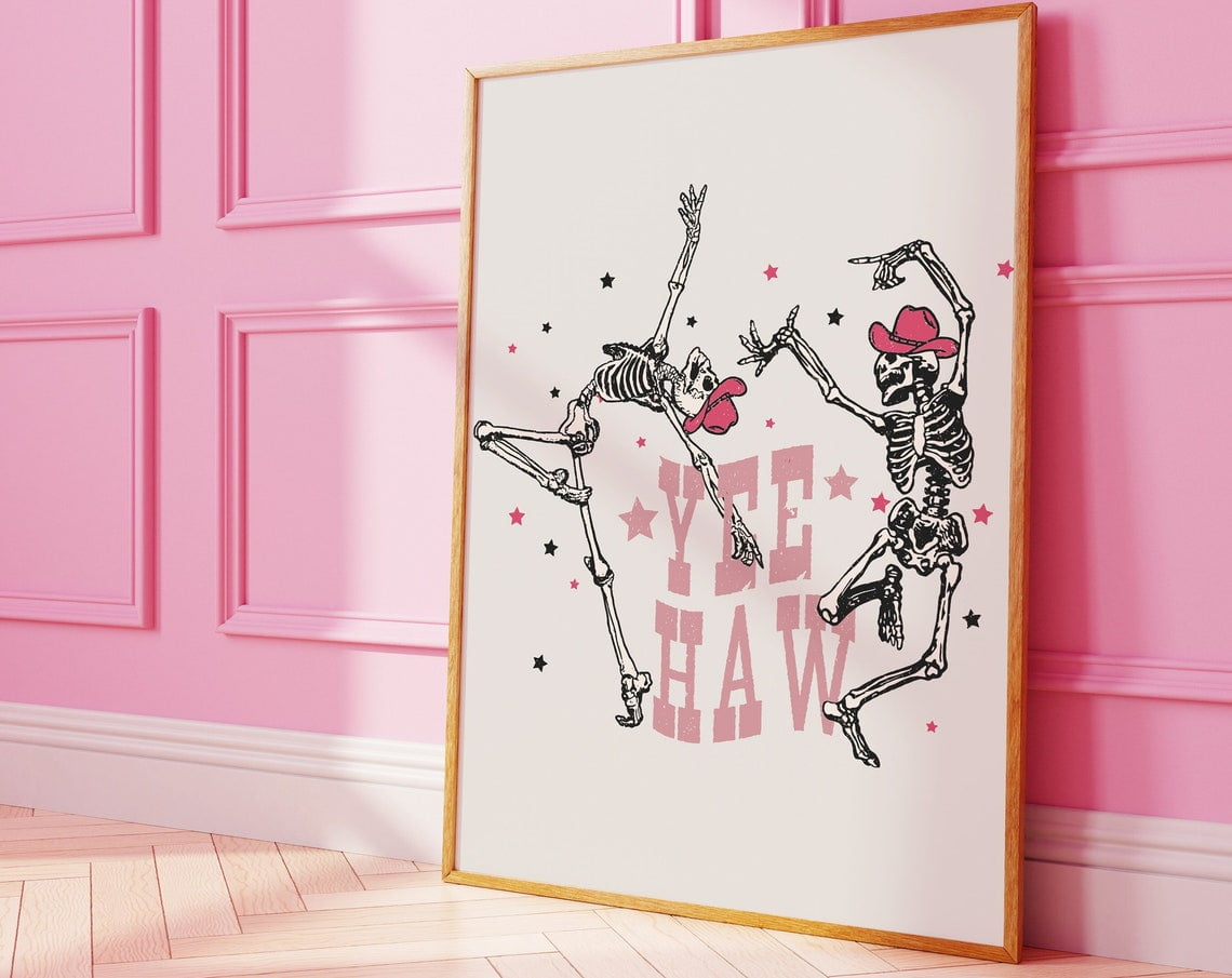Skeleton Yee Haw Print • Pink Western Art Print • Funny Skeletons ...