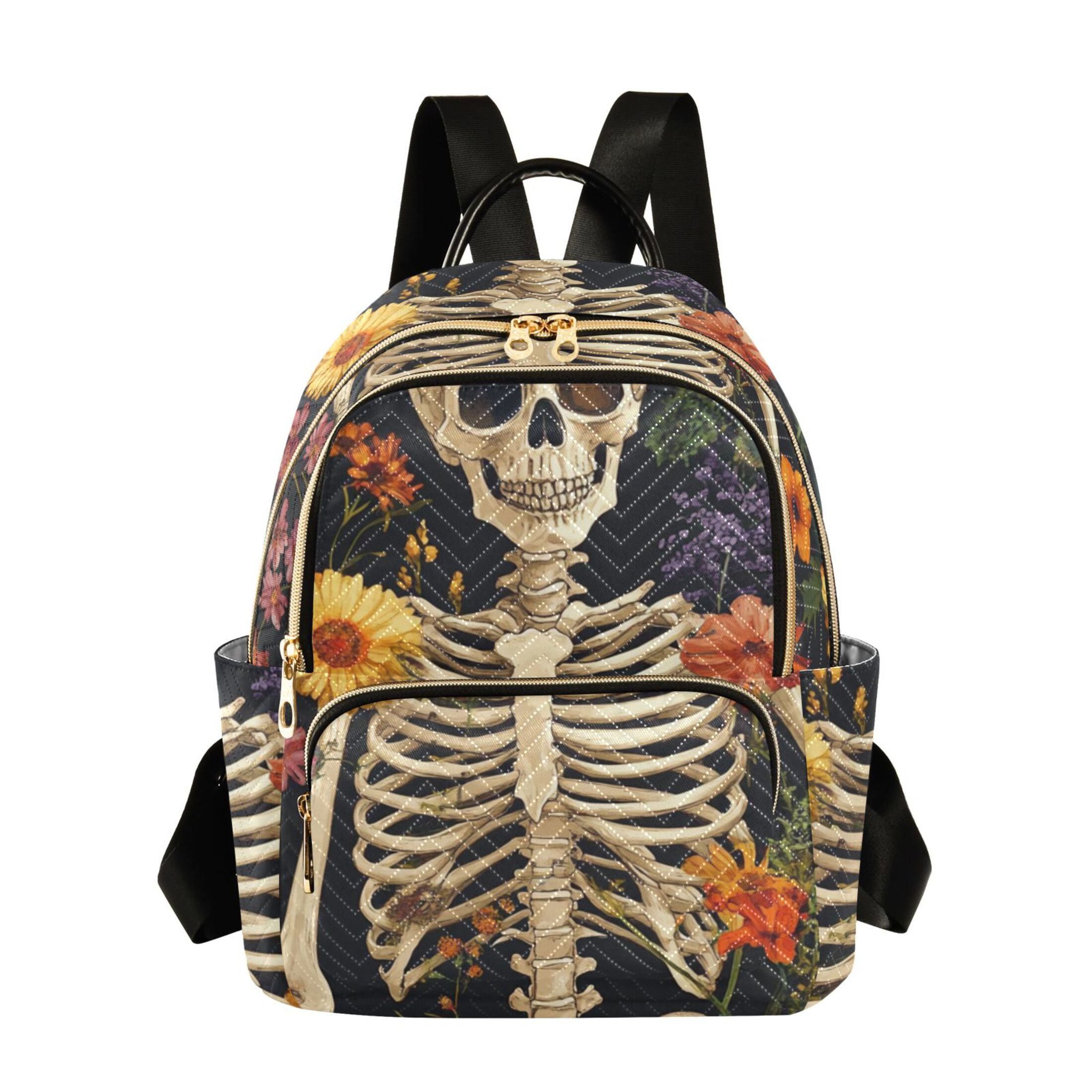 Skeleton and Colorful Flowers Leaves Quilted Backpack Fashion Daypack ...