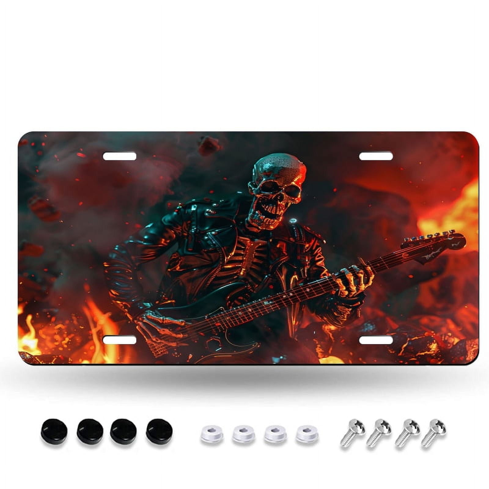 Skeleton in Black Leather Jacket Playing Electric Guitar Front License ...