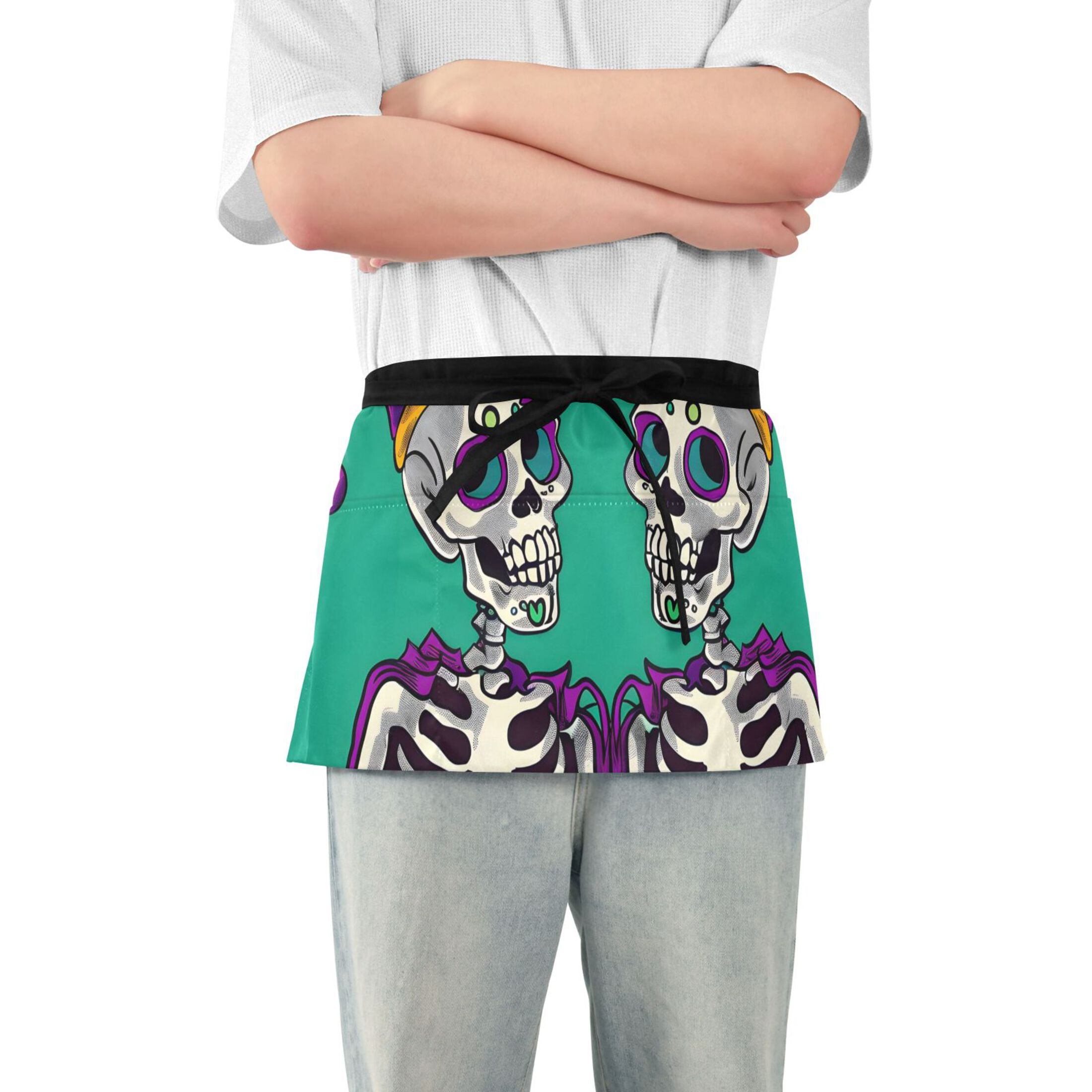 Skeleton in Clown Costume Short Server Apron with 3 Pockets for Unisex ...