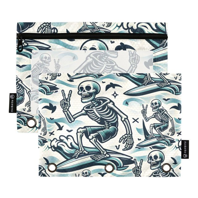 Skeleton on Surf 2 Pack Pencil Pouch for 3 Ring Binder Smooth Zipper ...