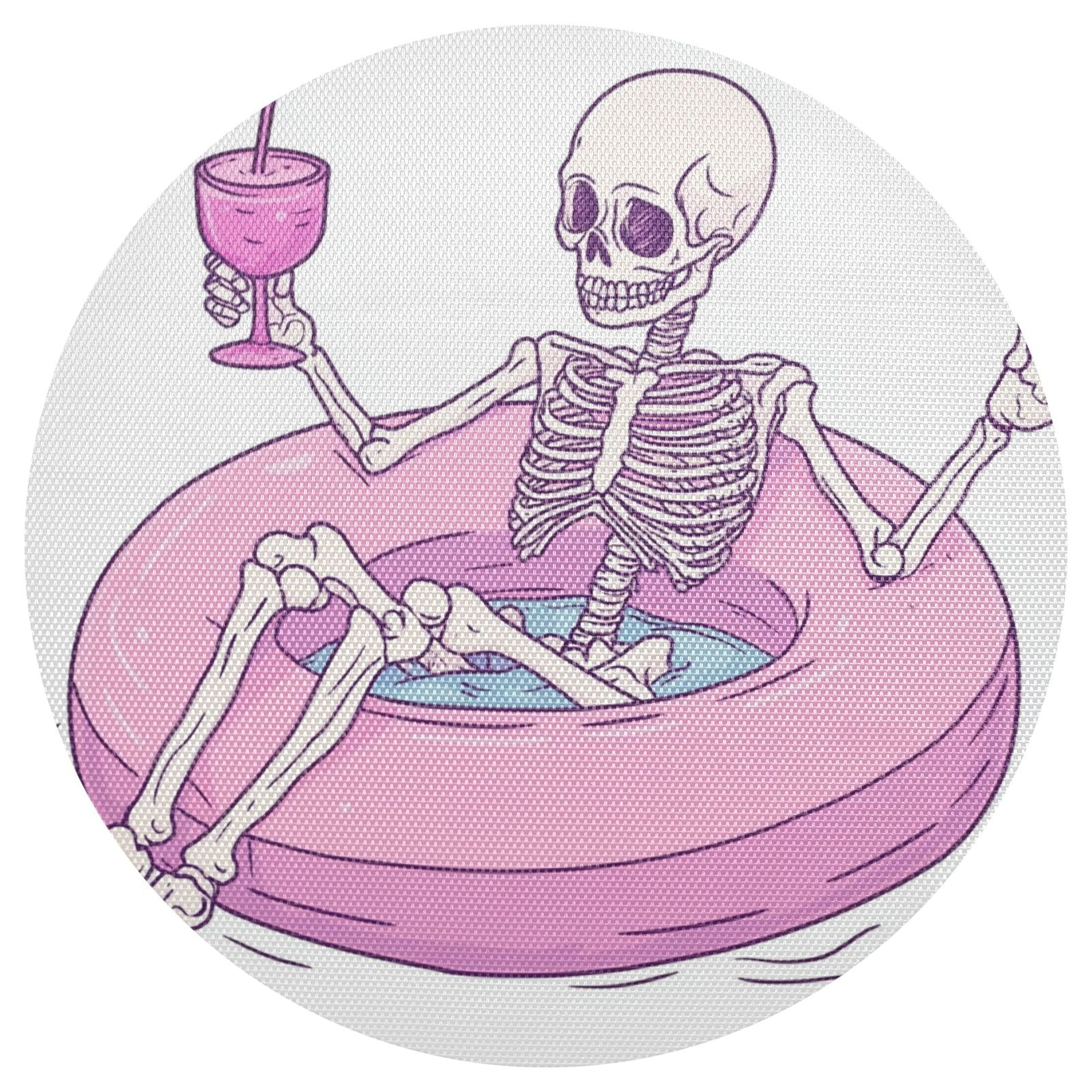 Skeleton on Swimming Circle with Cocktail PVC Round Grid Placemat Table ...