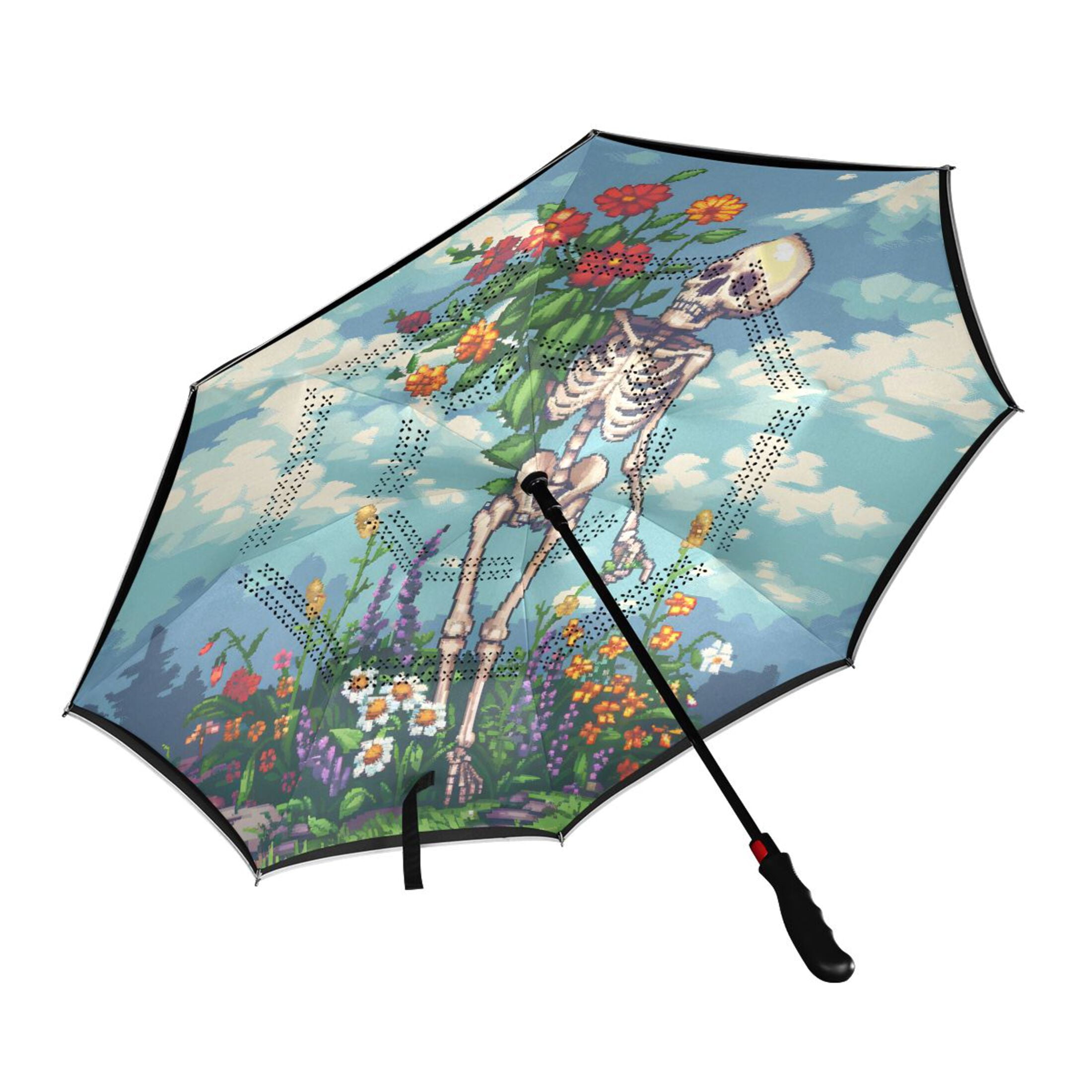 Skeleton with Flowers Sky Clouds Automatic Reverse Umbrella Parasol ...