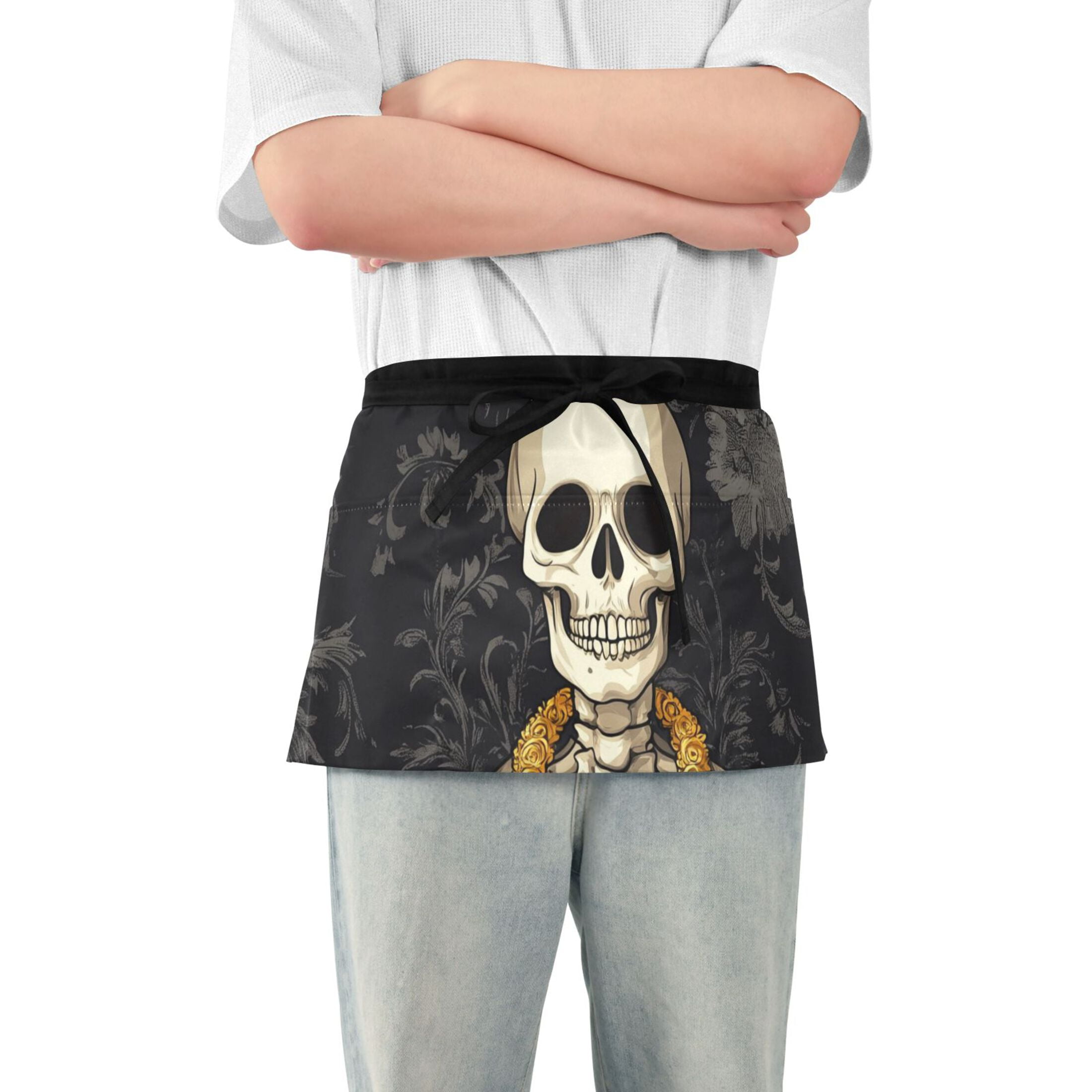 Skeleton with Golden Chains Vintage Flowers Short Server Apron with 3 ...
