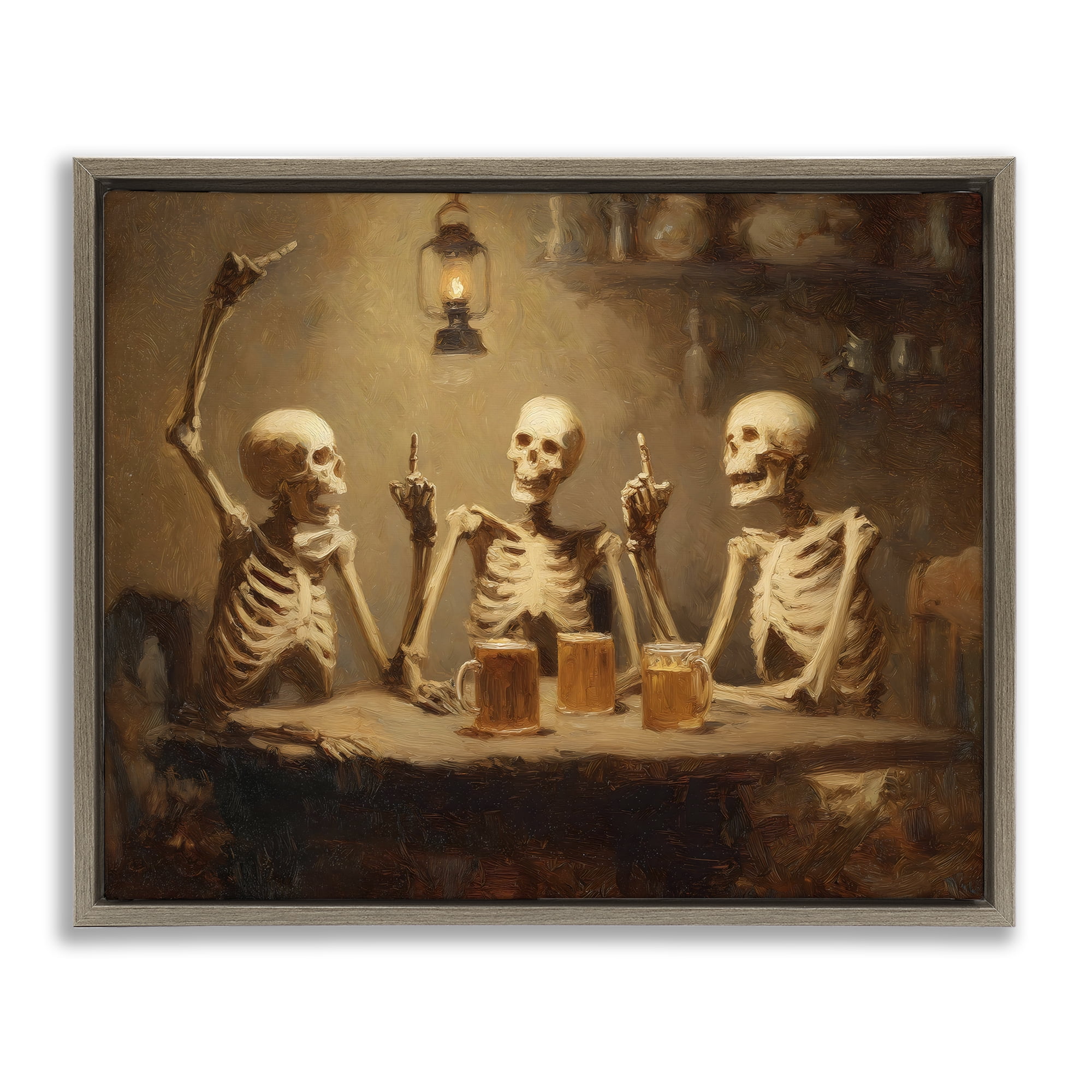 Skeletons Drinking at Tavern Brown Framed Floater Canvas Wall Art ...