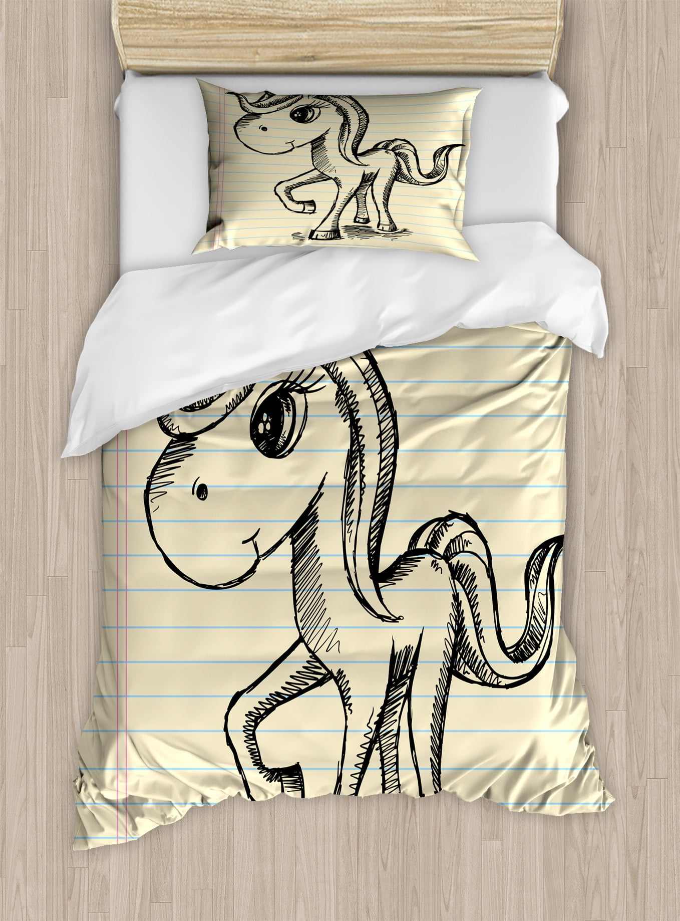 Sketch Art Duvet Cover Set, Doodle Art Unicorn Drawing on Notebook Page ...
