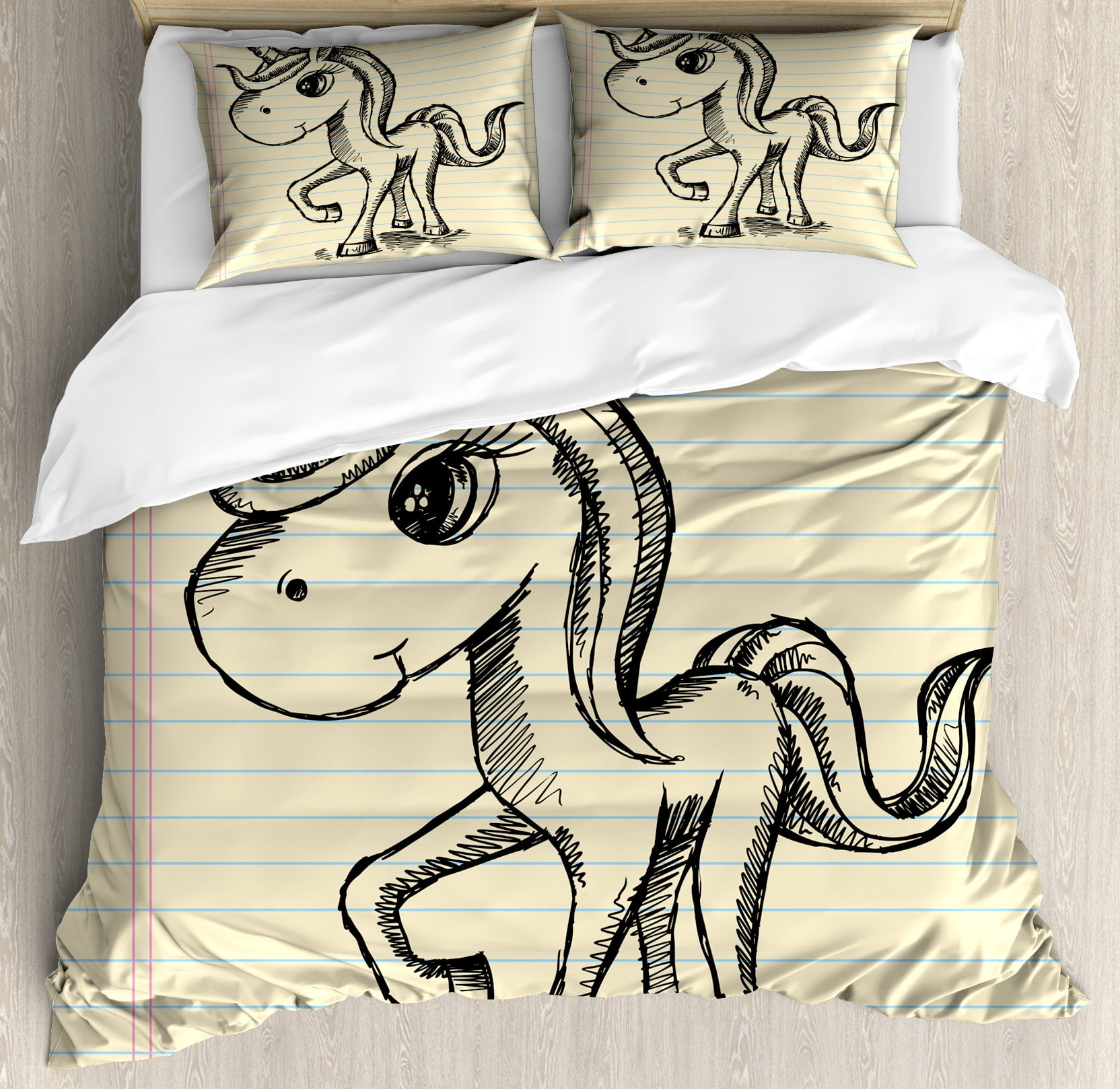 Sketch Art Duvet Cover Set, Doodle Art Unicorn Drawing on Notebook Page ...