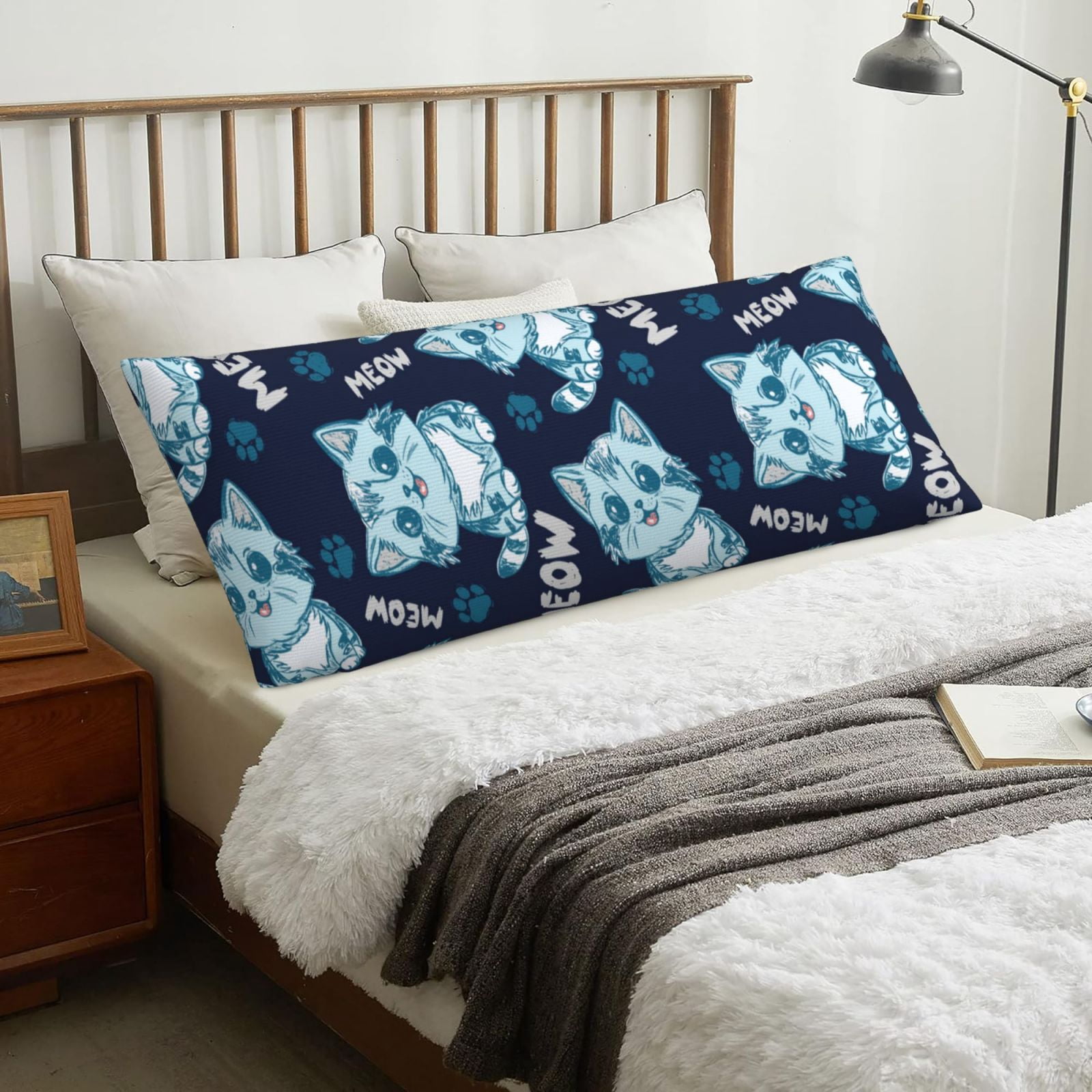 Sketch Cartoon Cat Paw Blue Body Pillow Cover, Long Pillow Cover with ...